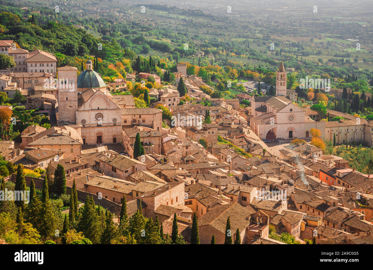 View of Assisi charming historic center and Umbria countryside seen ...