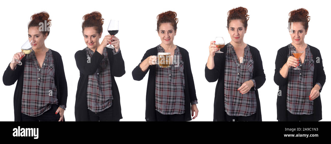 woman drinking different alcoholic drinks Stock Photo - Alamy