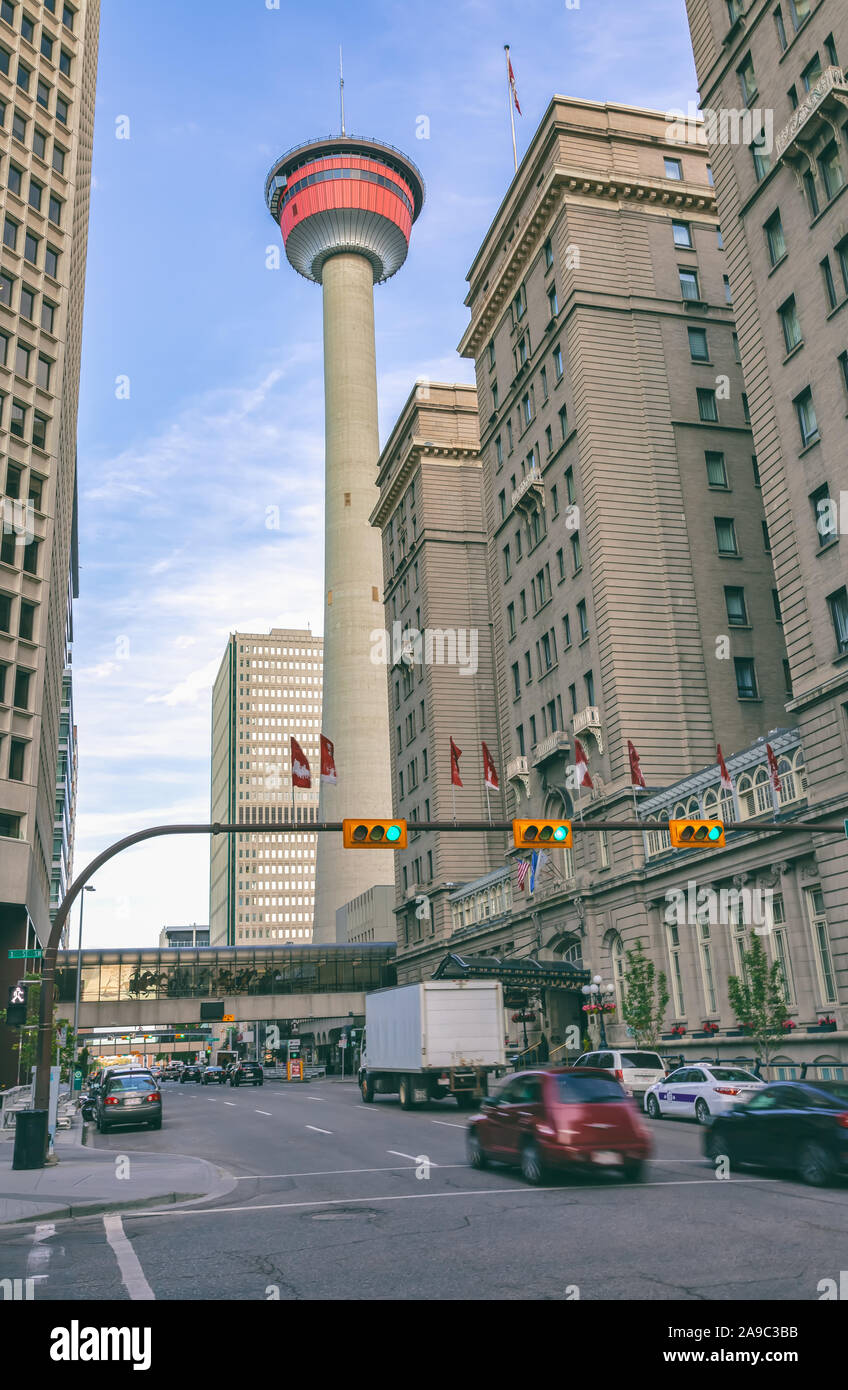 Street in Calgary downtown with the iconic Calgary Tower, Alberta ...