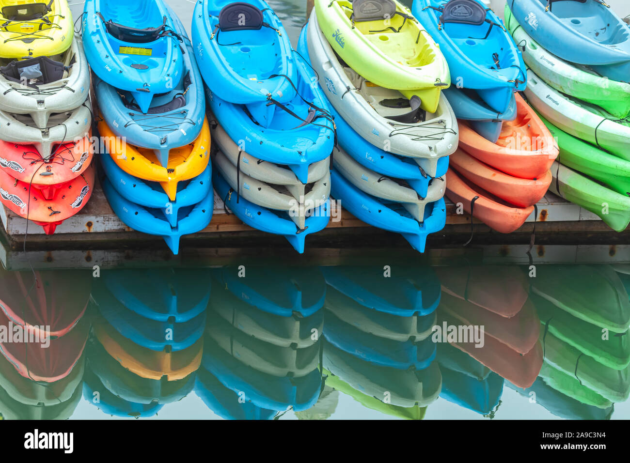 Colorful kayaks stack up at the Oxnard marina, California, United ...