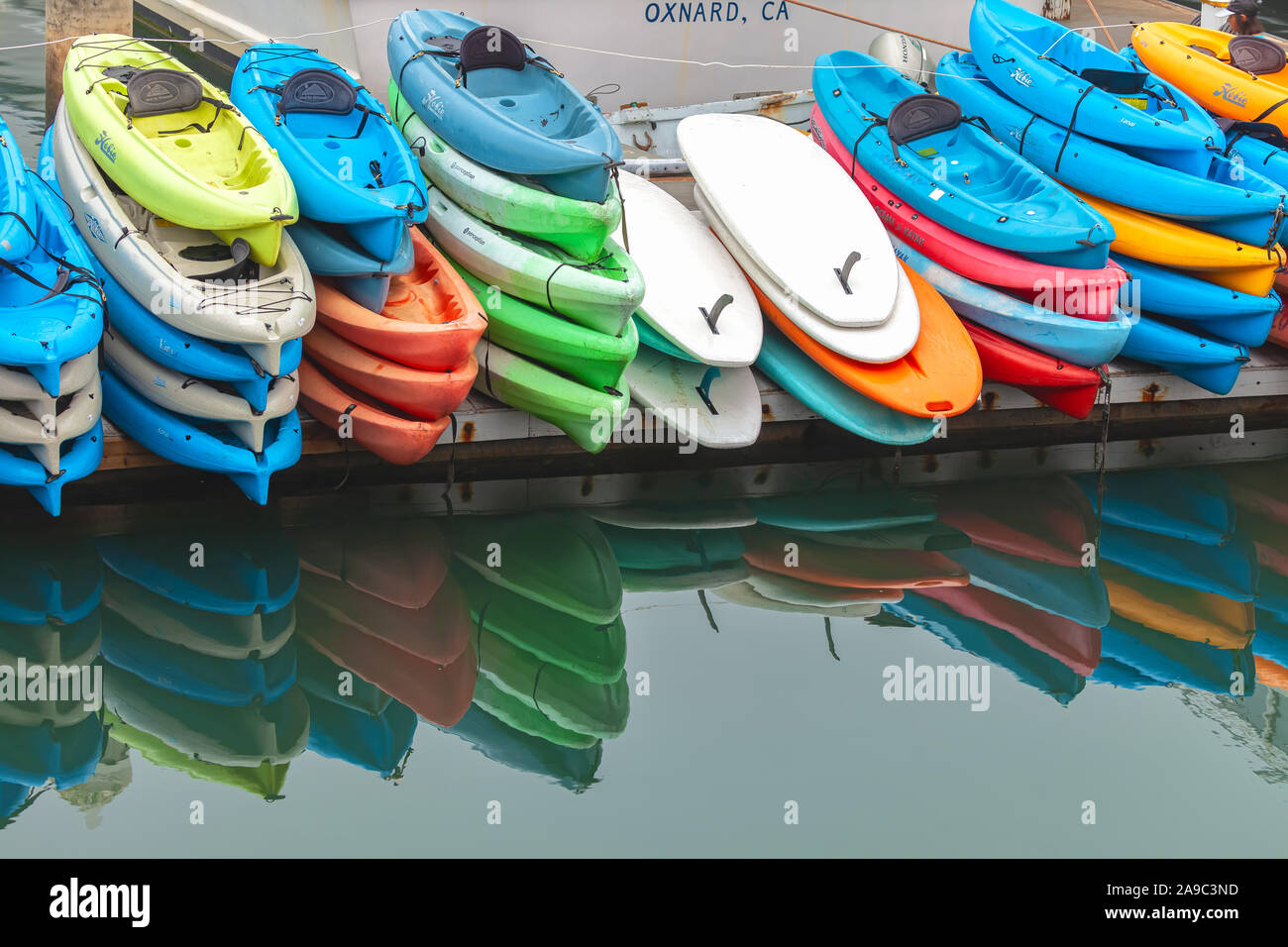 Colorful kayaks stack up at the Oxnard marina, California, United ...