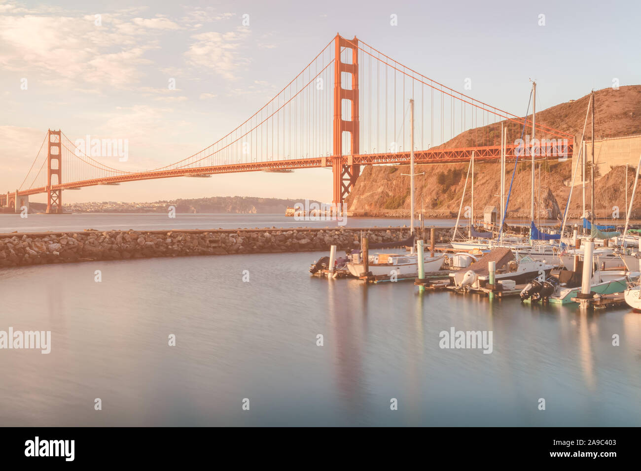 The Golden Gate Bridge at sunrise, seen from Cavallo Point at Fort ...