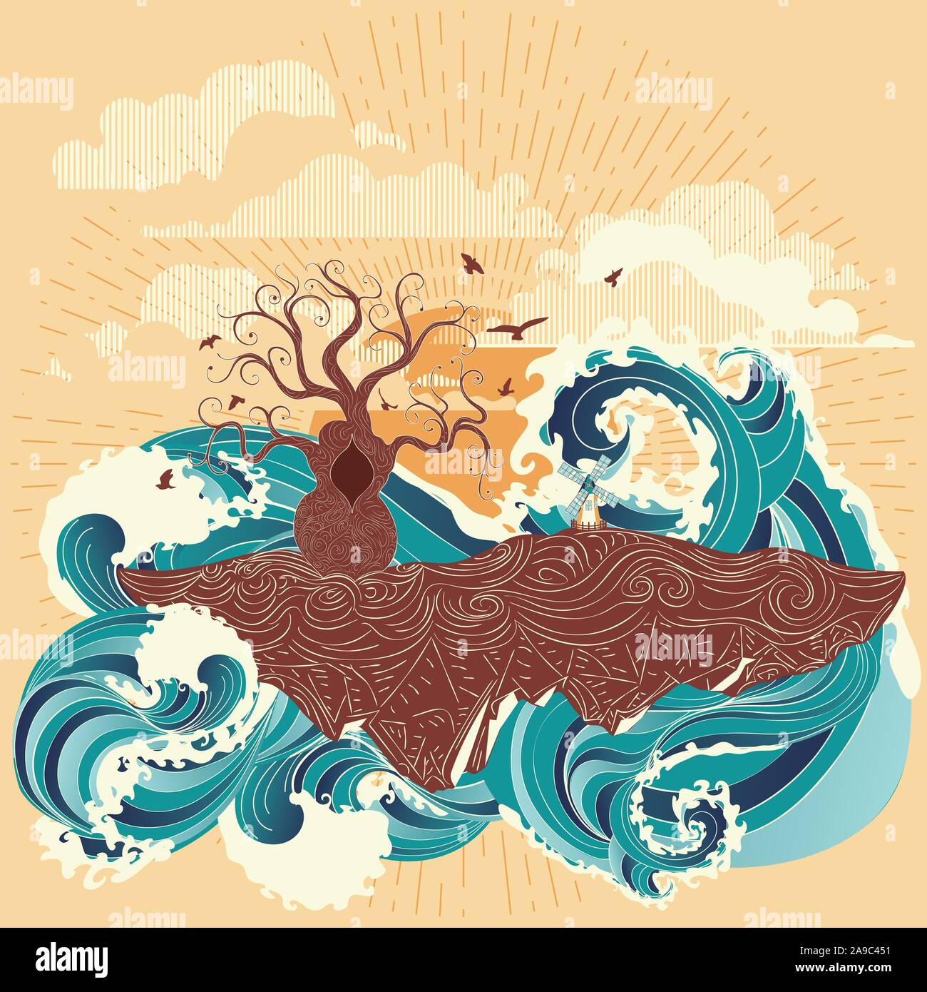 Stylized tree and stormy ocean or sea at sunset, art poster design ...