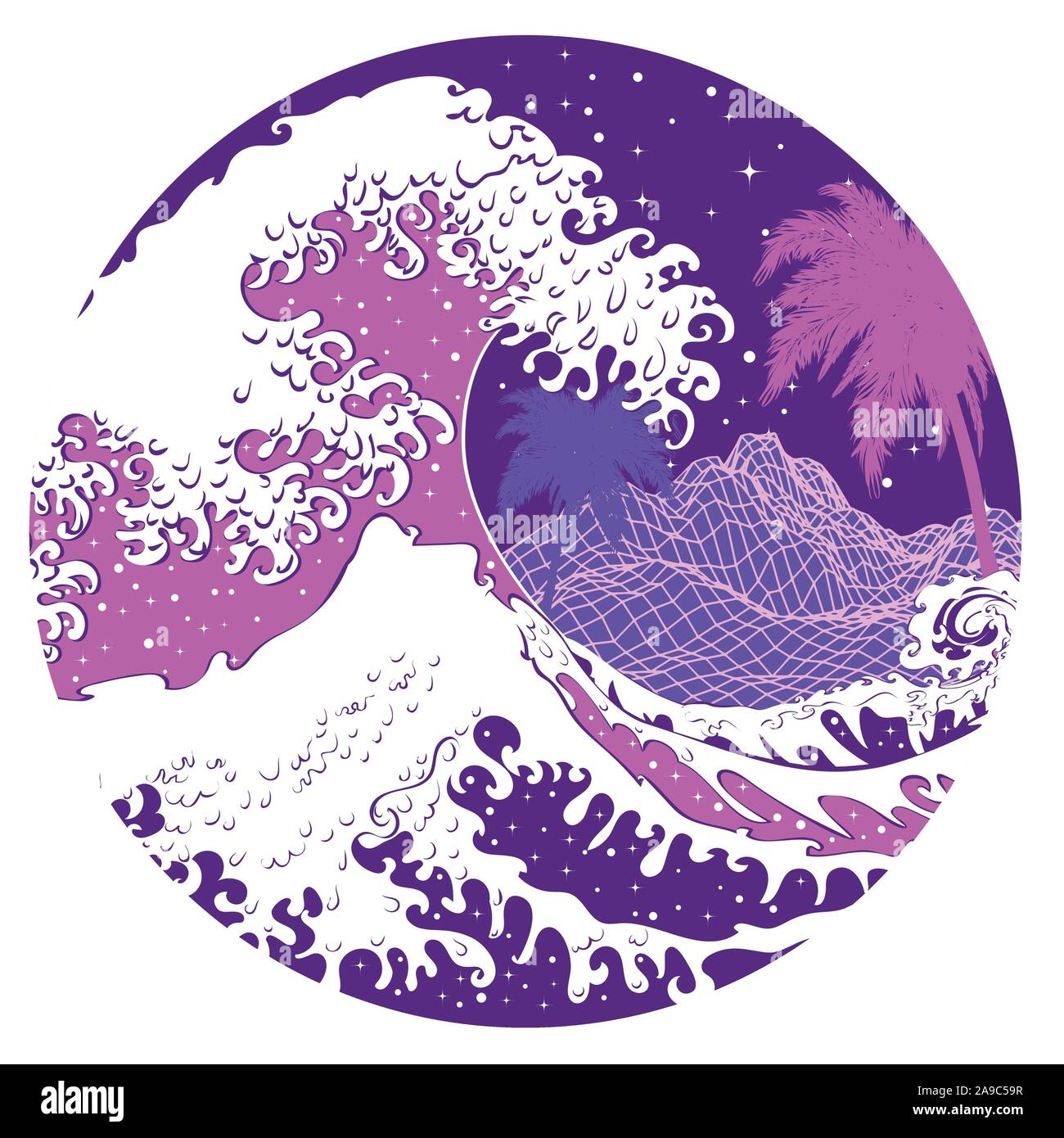 Illustration of nightscape with big ocean waves, modern retro art ...