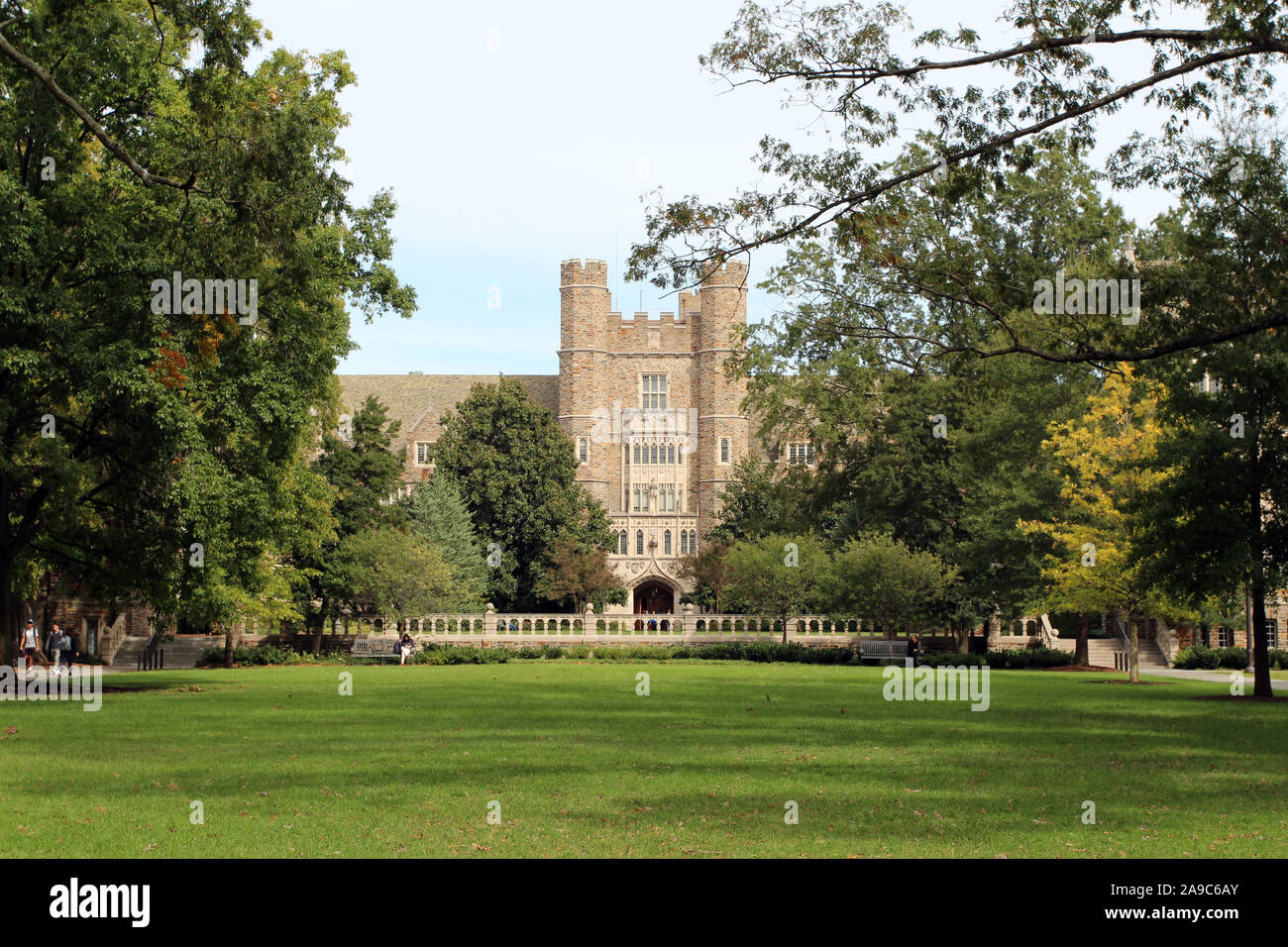 A long expanse of grass in front of the Davison Quad building at Duke ...