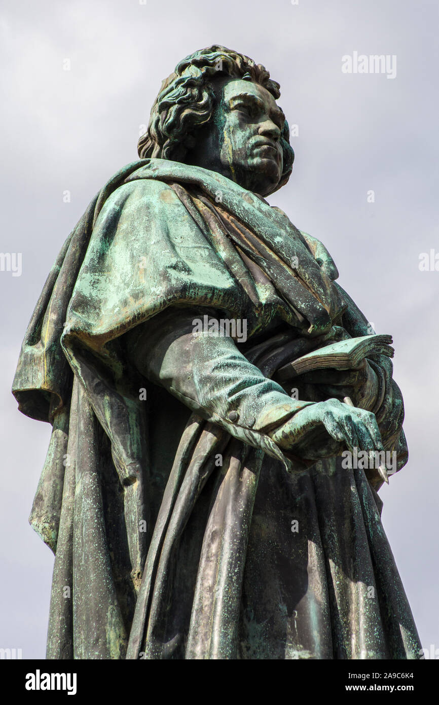 A statue of Ludwig Van Beethoven, in the historic city of Bonn in ...