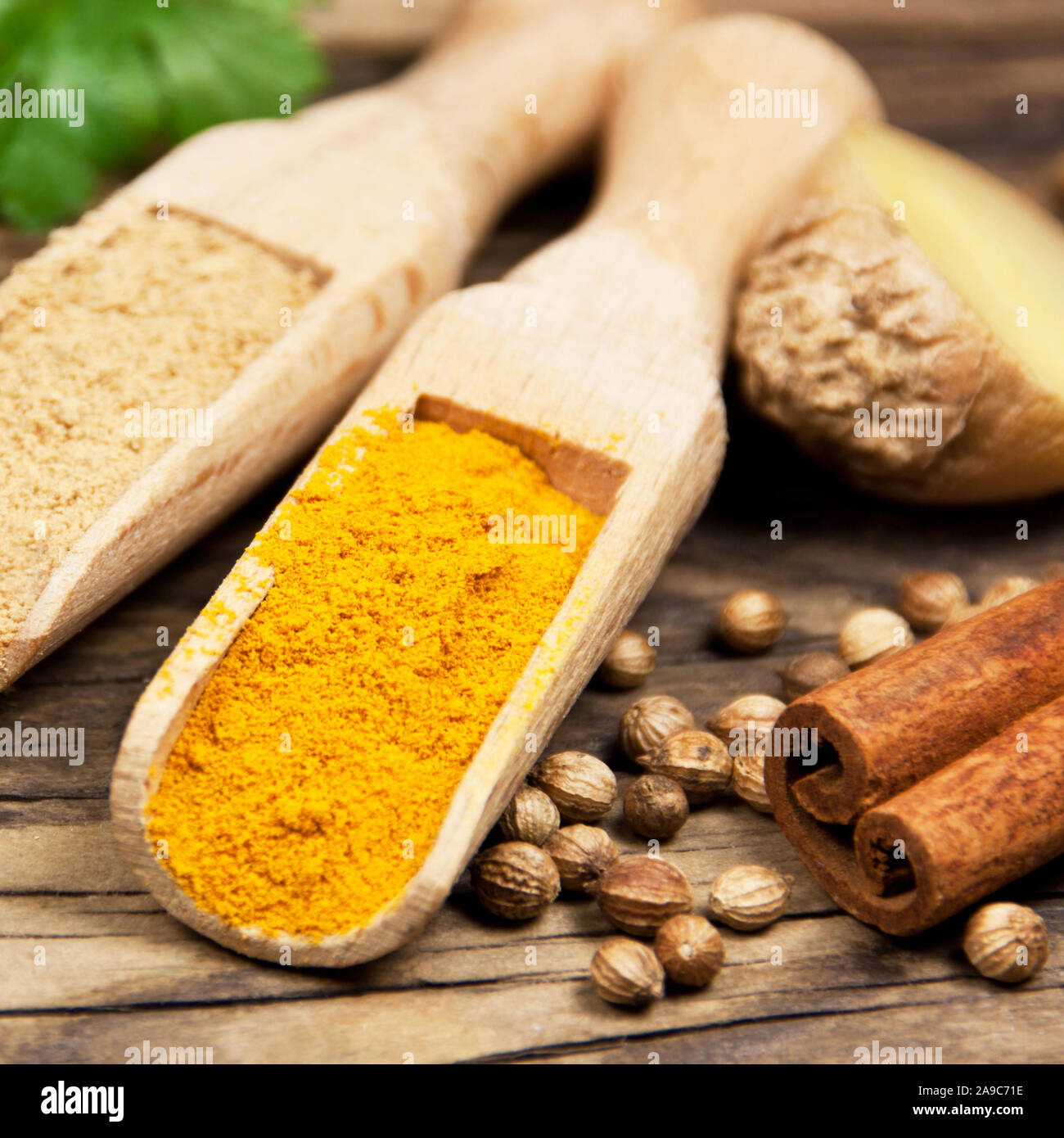 Asian spices ginger, curcuma, cinnamon and coriander leaves Stock Photo ...