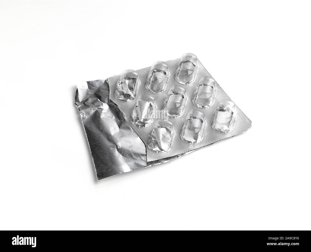 Empty pills pack isolated on white background. Used medicine tablet ...