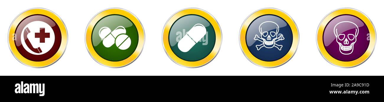 Set of colorful web glossy vector icons, pill, pharmacy and skull ...
