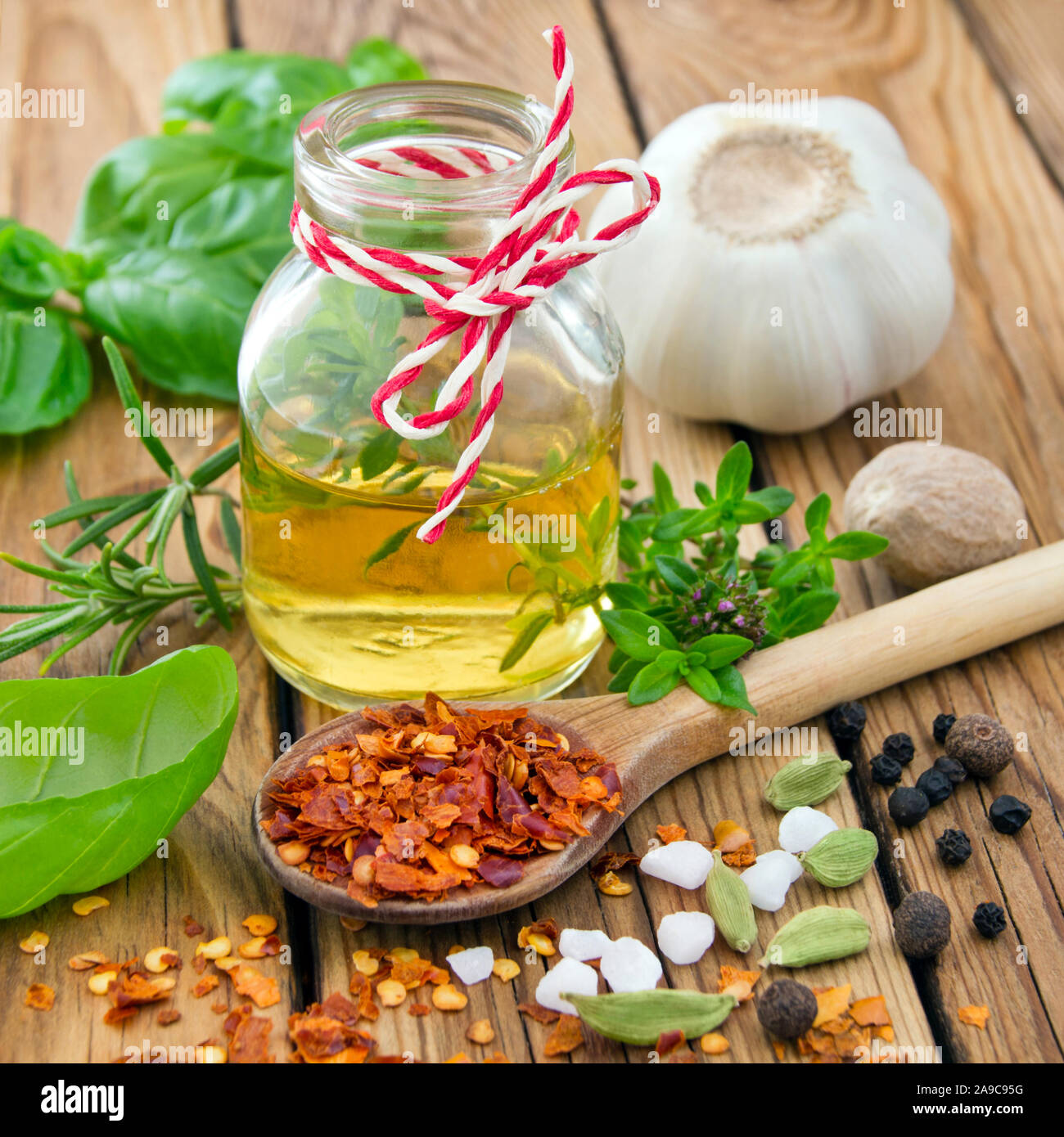 Selection of spices and oil Stock Photo - Alamy