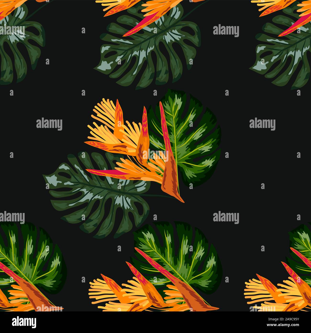 Summer jungle pattern with tropical flowers heliconia or lobster-claw ...