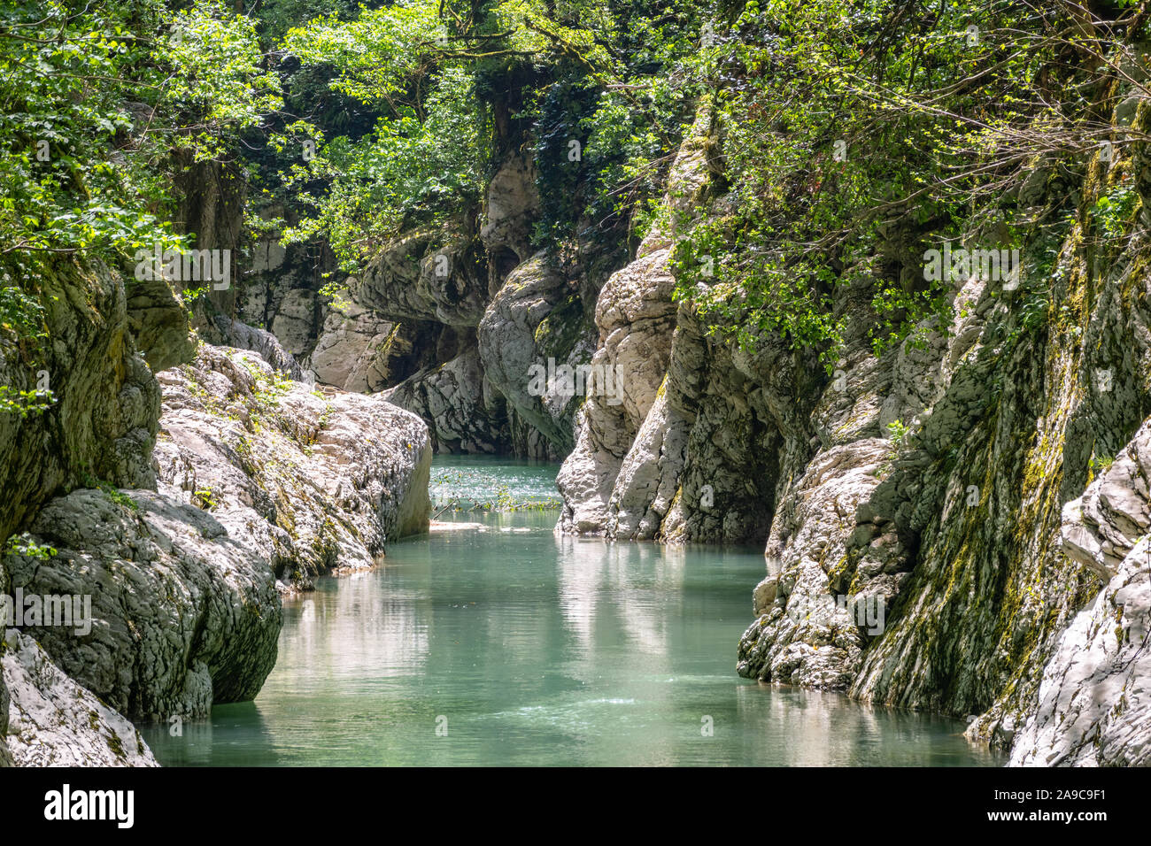 Transparent clear mountain river in a stone gorge. Mountain river with ...
