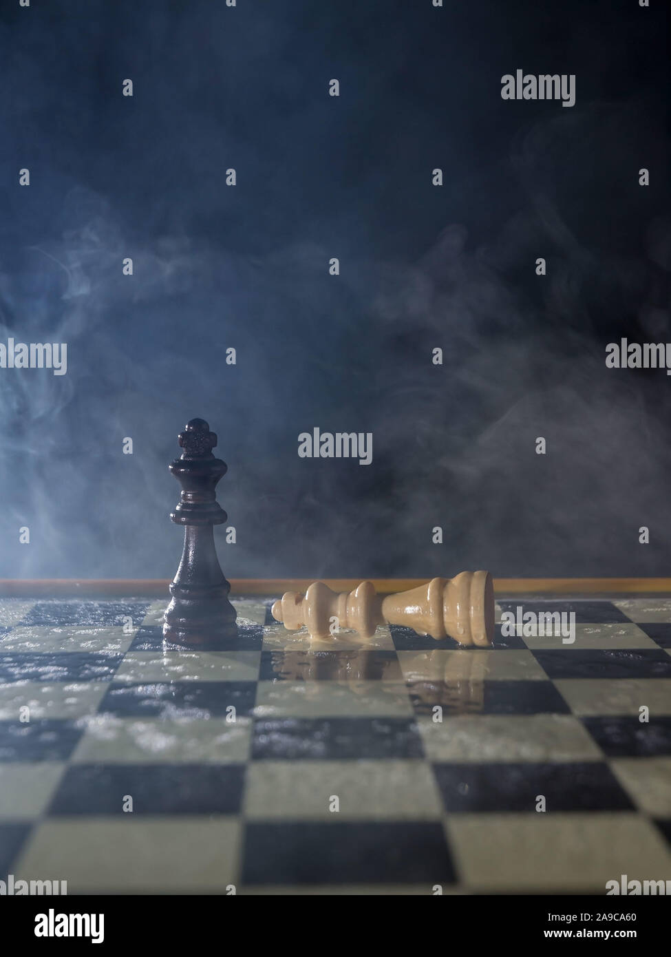 Chess figures on a dark background in the rain. Lose and win Concept ...