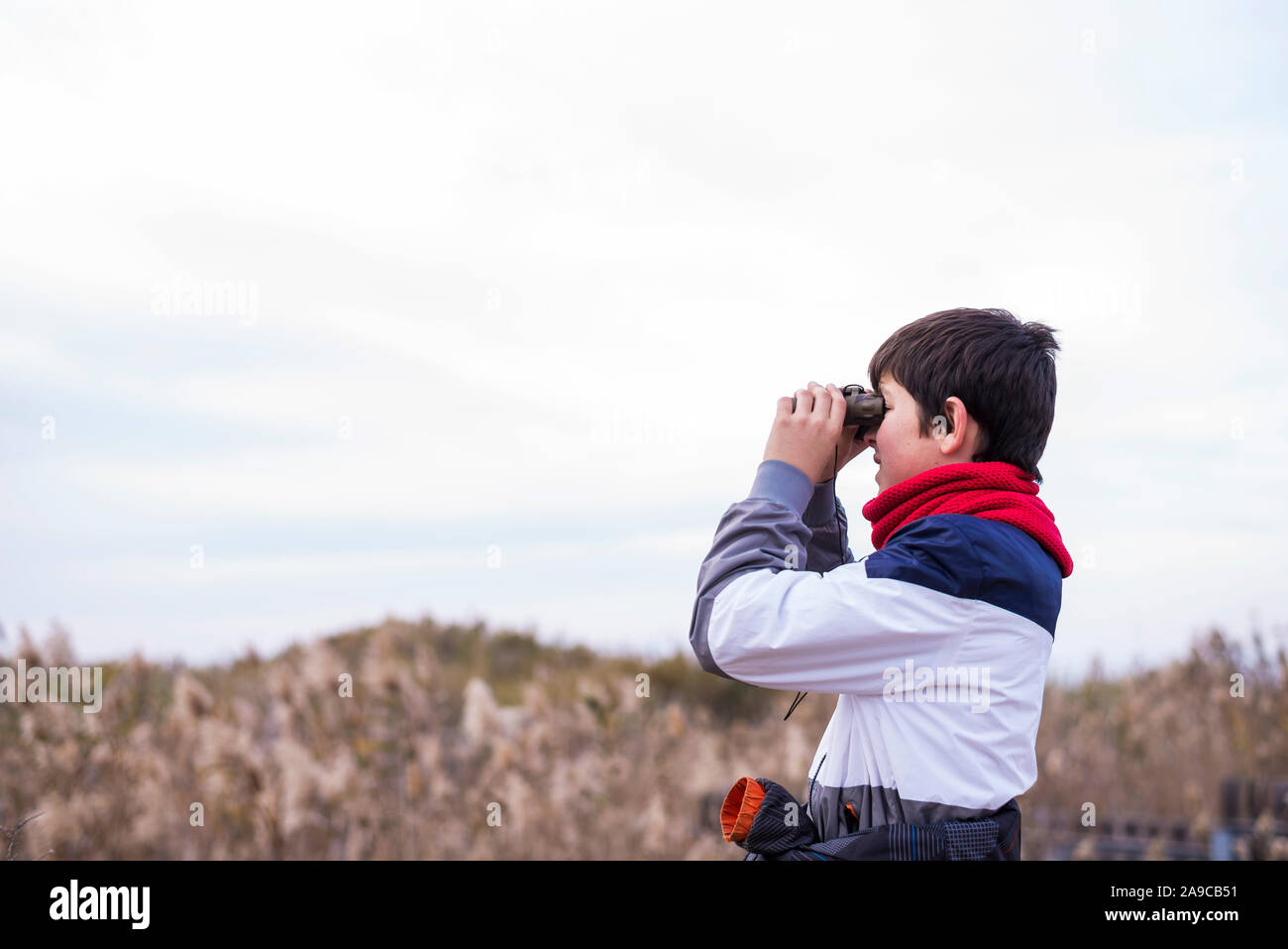 Playful boy looking through binoculars while standing on path Stock ...