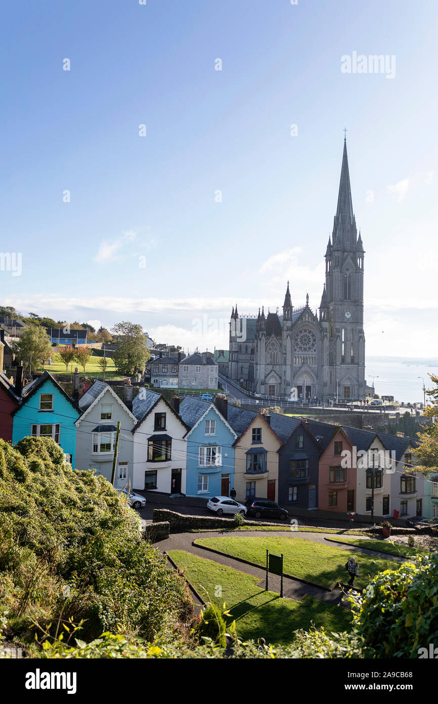 Harbor town of Cobh - houses in a row, St Coleman Cathedral, RMS ...