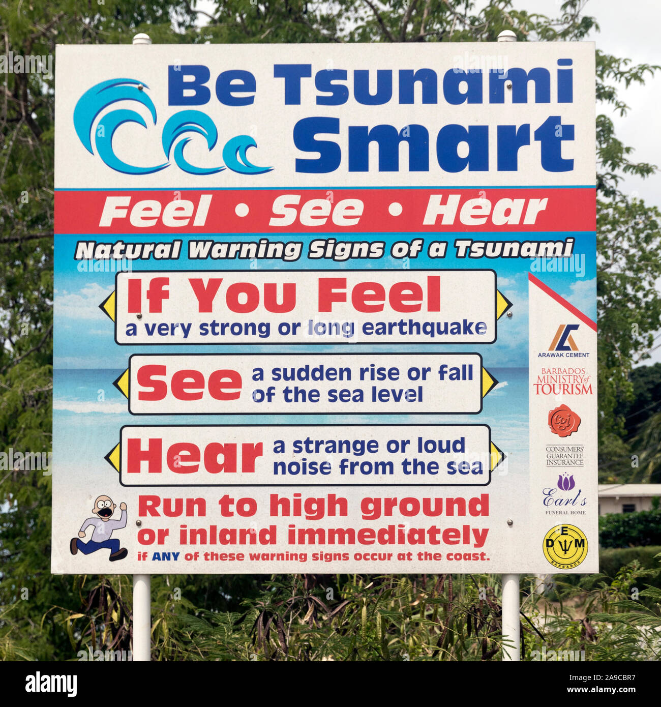 Tsunami advisory warning sign on the Caribbean island of Barbados Stock ...