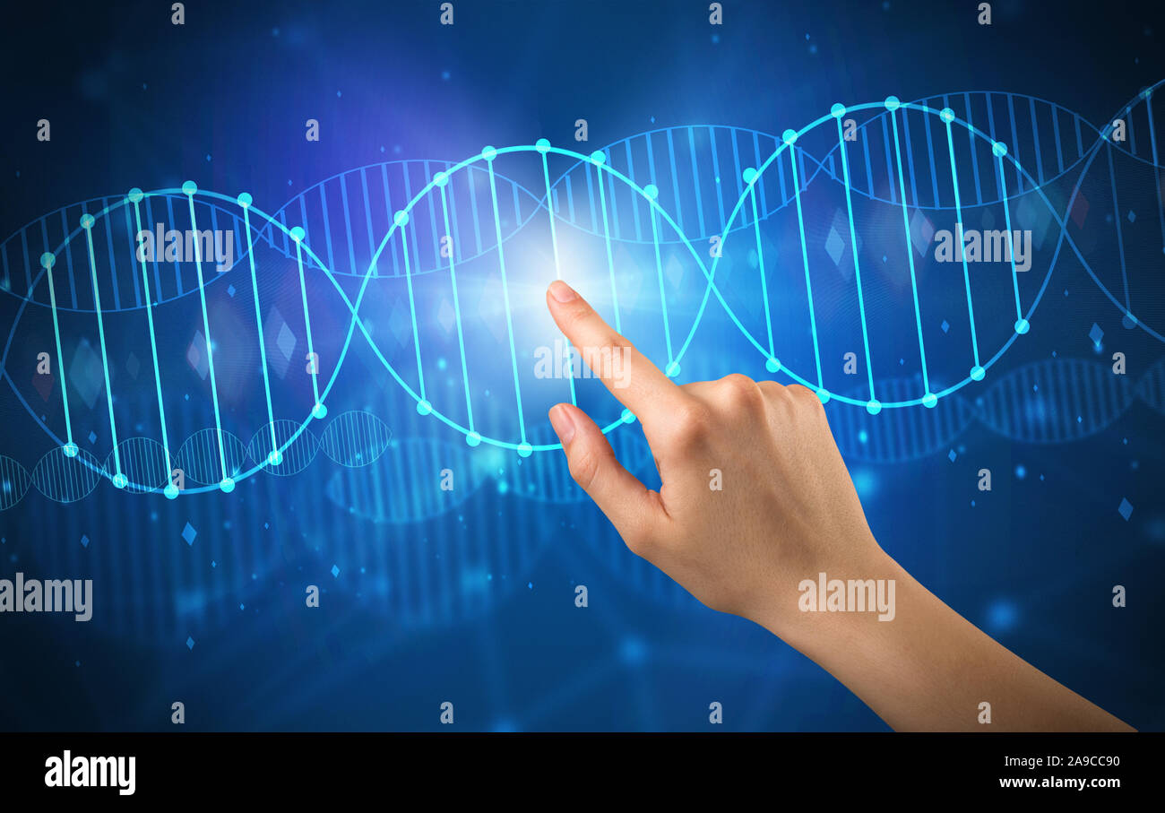 Female hand touching DNA molecule with blue background Stock Photo - Alamy