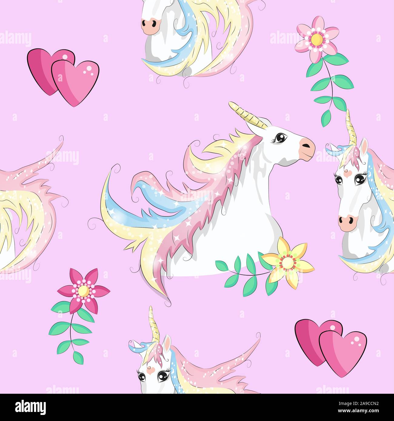 Cute unicorns seamless pattern. Kids pattern with unicorns, flowers, balloons, clouds and ...