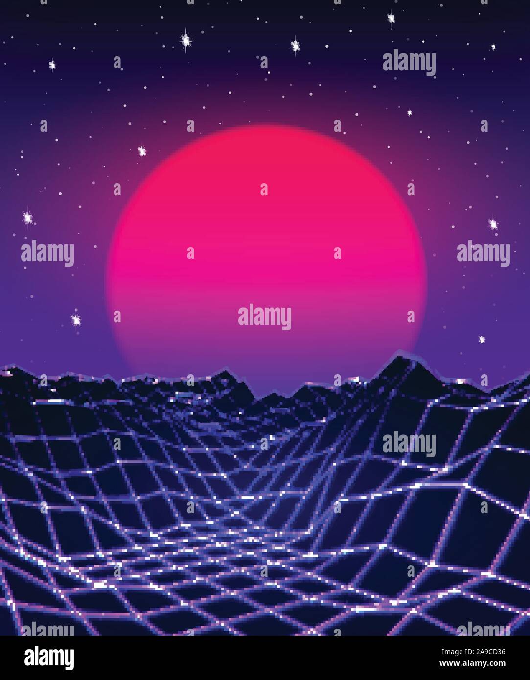 Neon grid landscape and sun with 80s game style Stock Vector Image ...