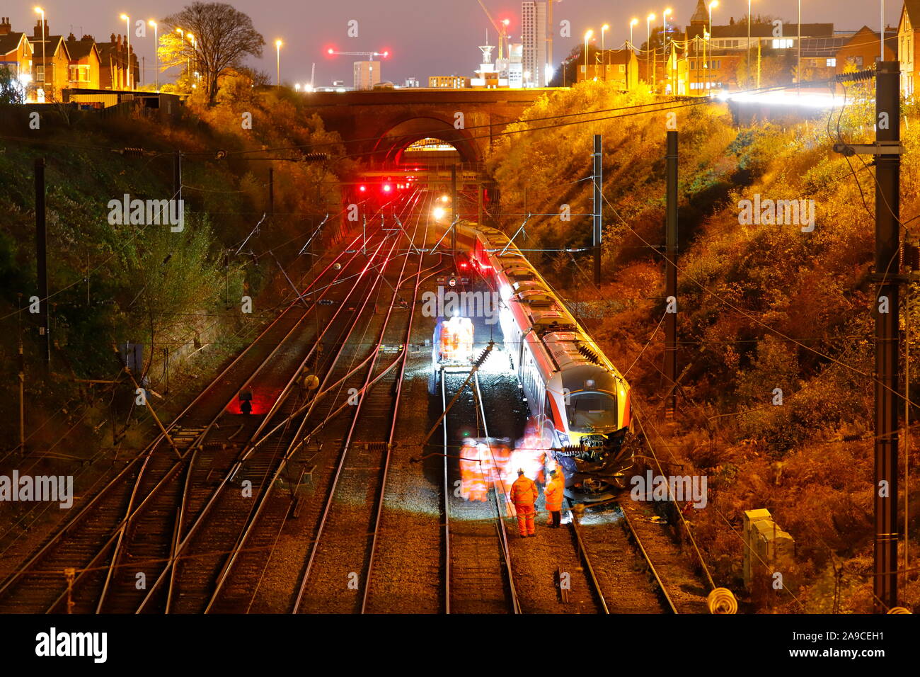 A damaged Azuma train that derailed in Leeds on 13th November 2019 ...