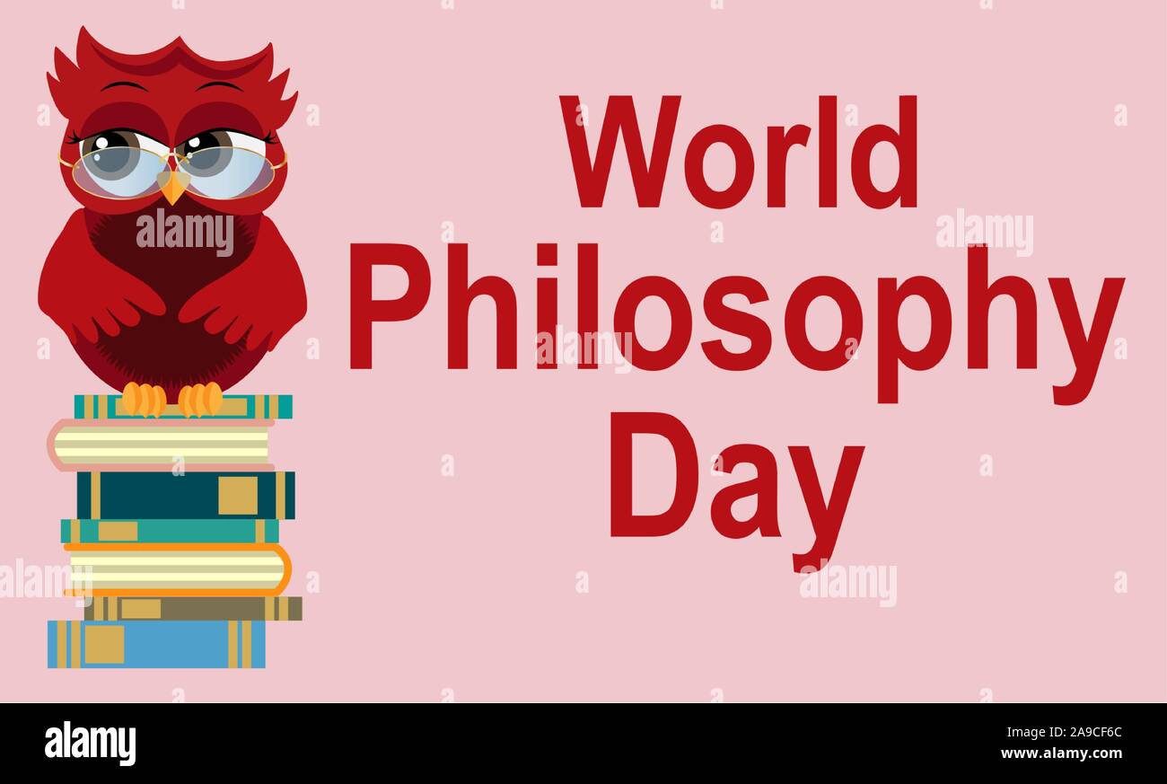 World Philosophy Day. Smart owl on stack of books, open book and ...