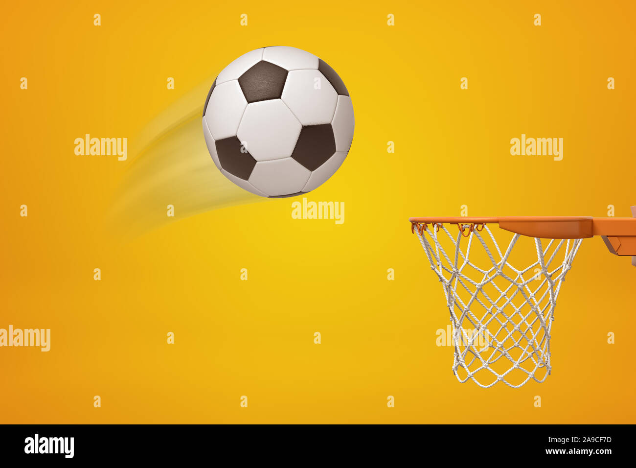 3d rendering of a football flying toward basketball hoop on amber ...