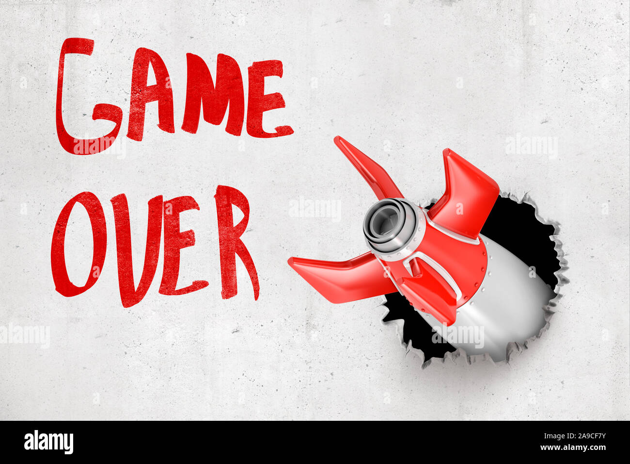 3d rendering of silver red space rocket breaking white wall with 'Game ...