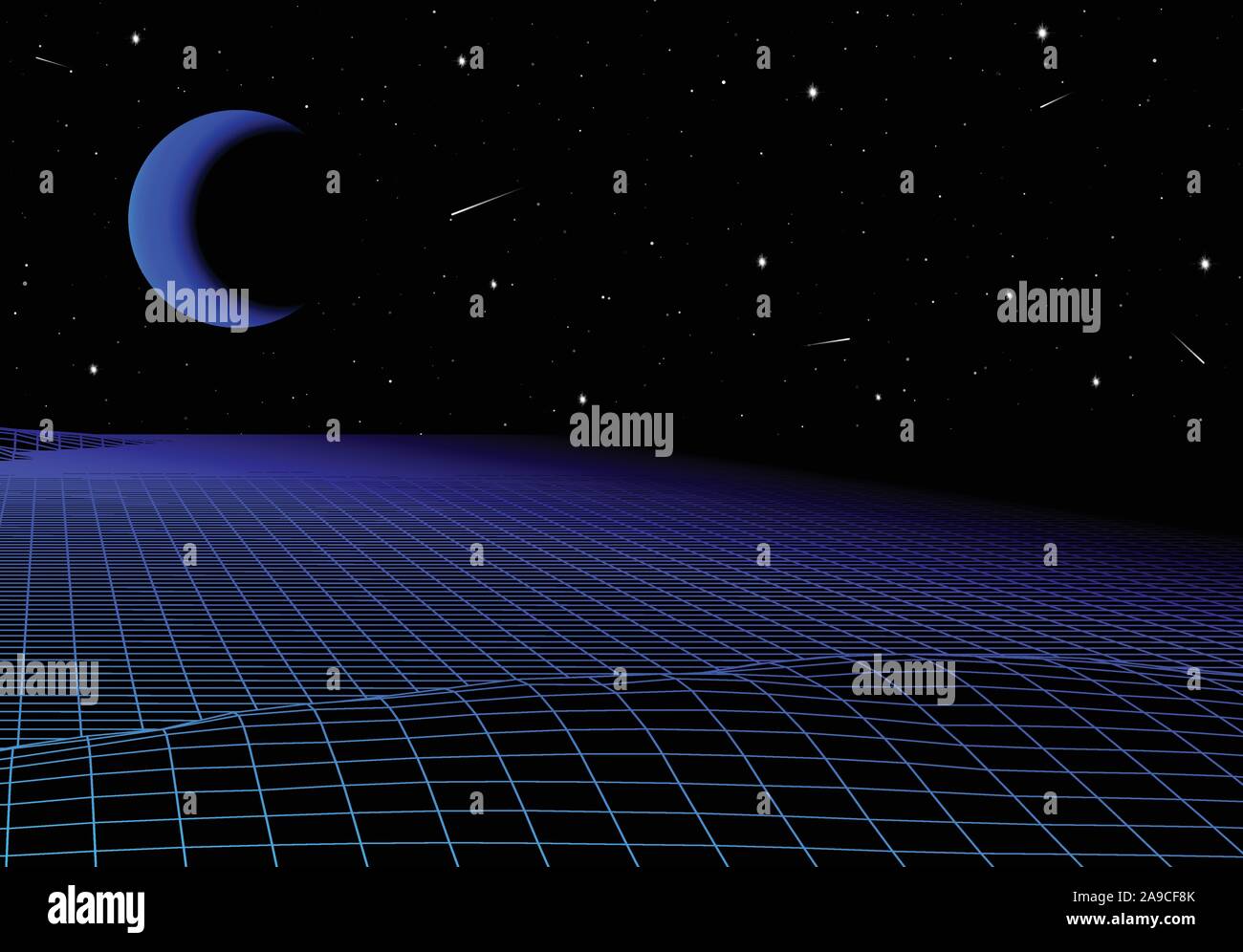 Landscape with wireframe grid of 80s styled retro computer game or ...