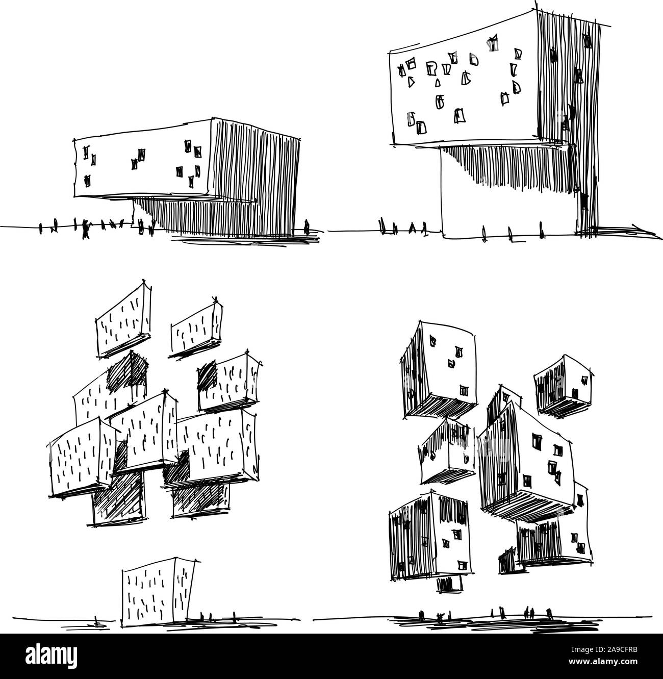 four hand drawn architectectural sketches of a modern abstract ...