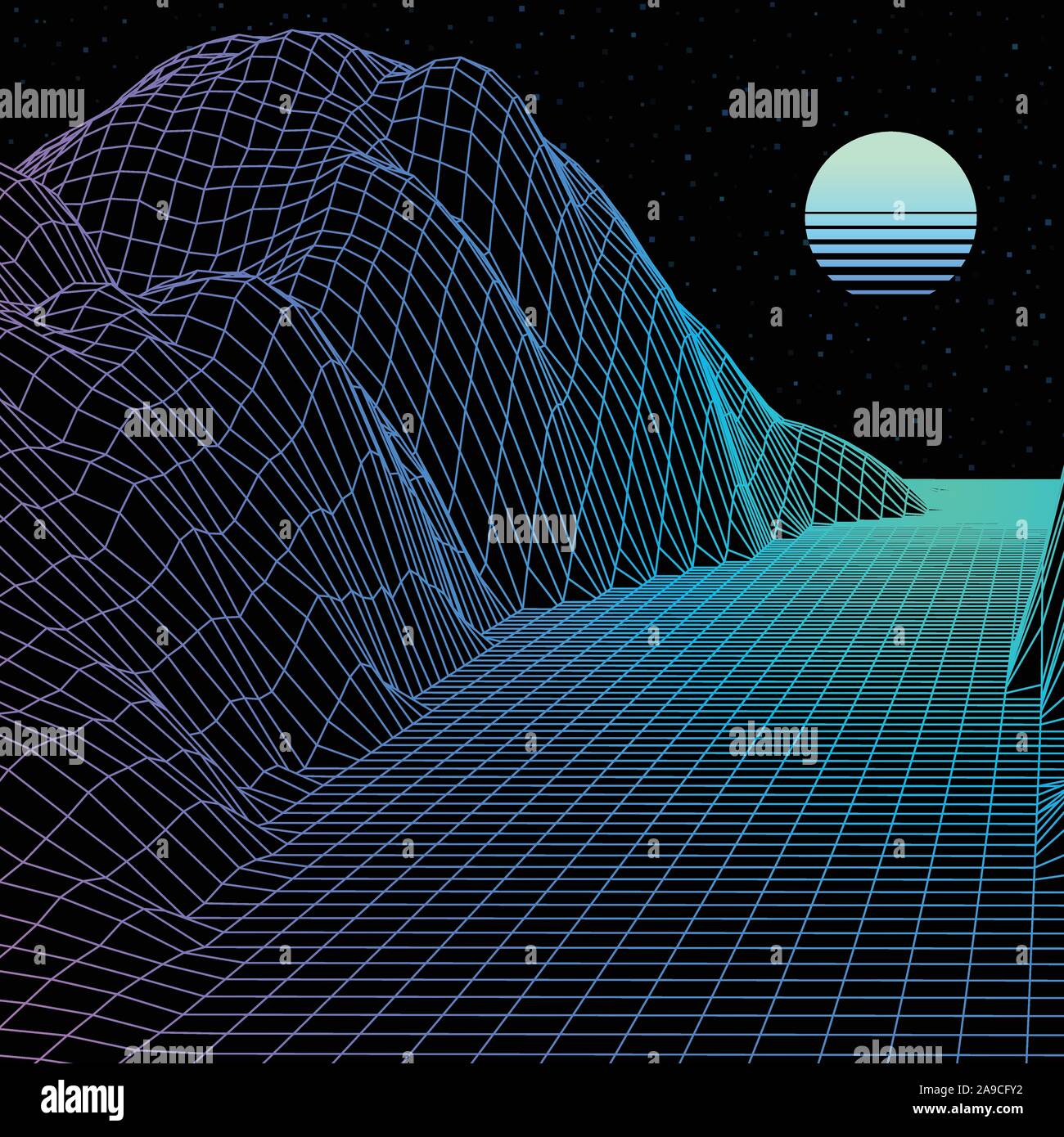 Landscape with wireframe grid of 80s styled retro computer game or ...