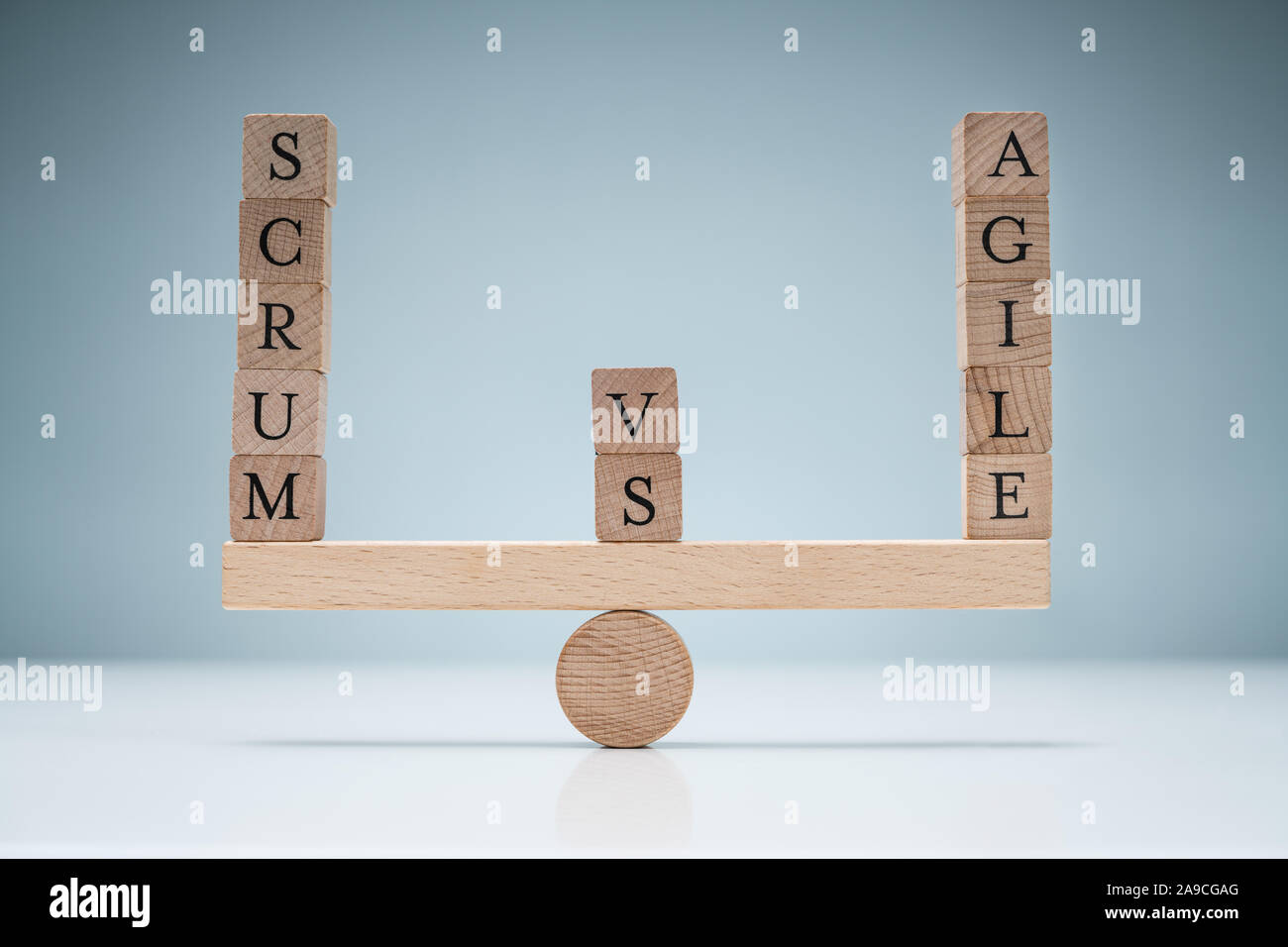 Balance Of Wooden Scrum Vs Agile Blocks On Seesaw Over The Desk Against ...
