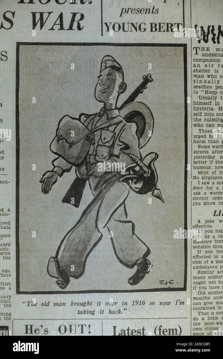 Newspaper cartoon: "The old man brought it over in 1918 so now I'm ...