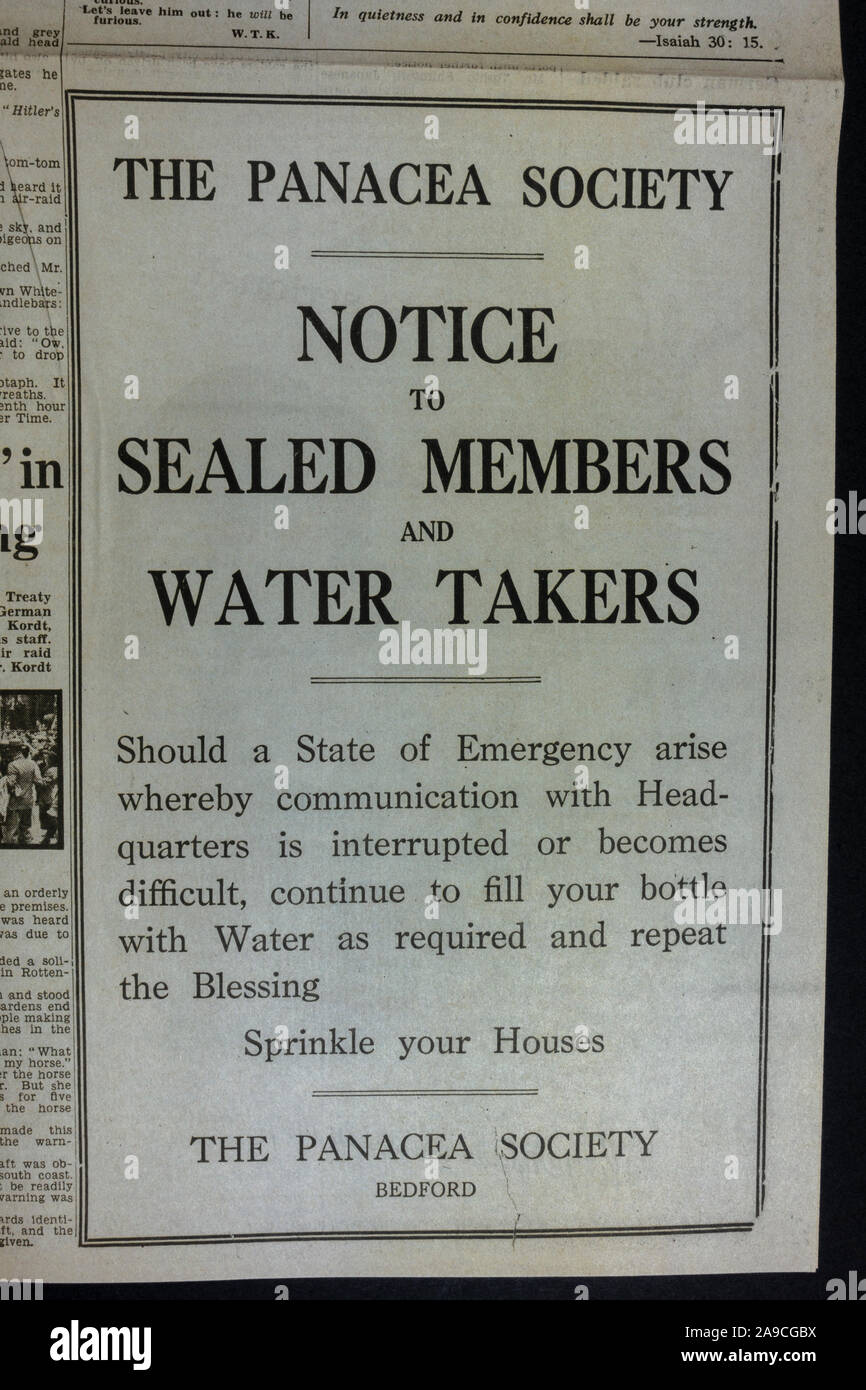 Notice from The Panacea Society, Bedford, in The Daily Express (replica ...