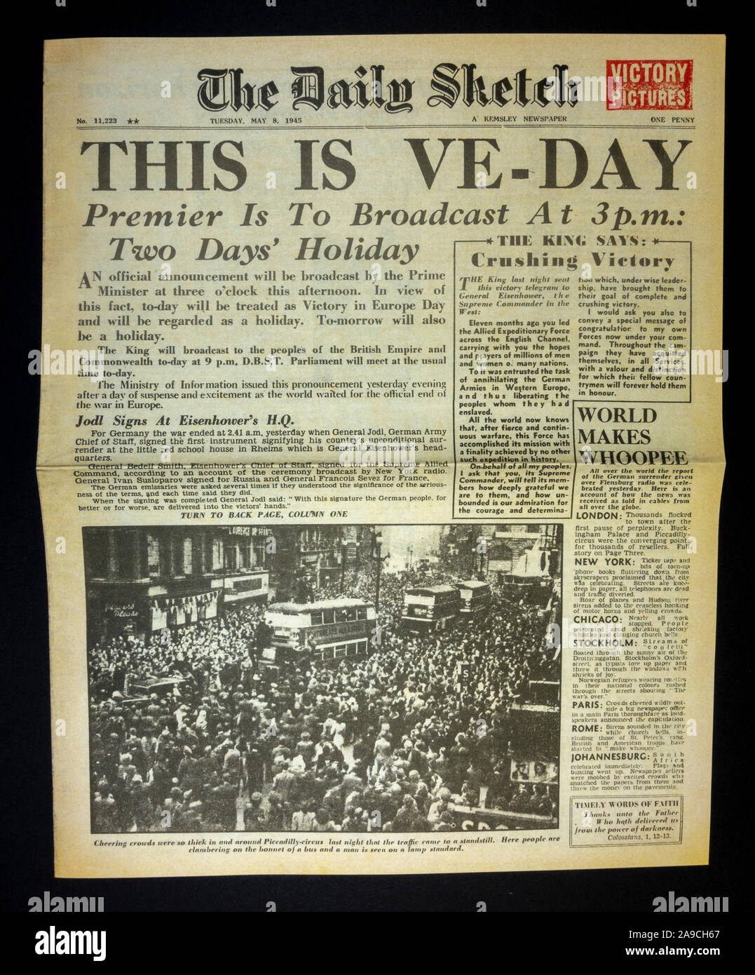 The front page of The Daily Sketch (replica) newspaper from 8th May ...