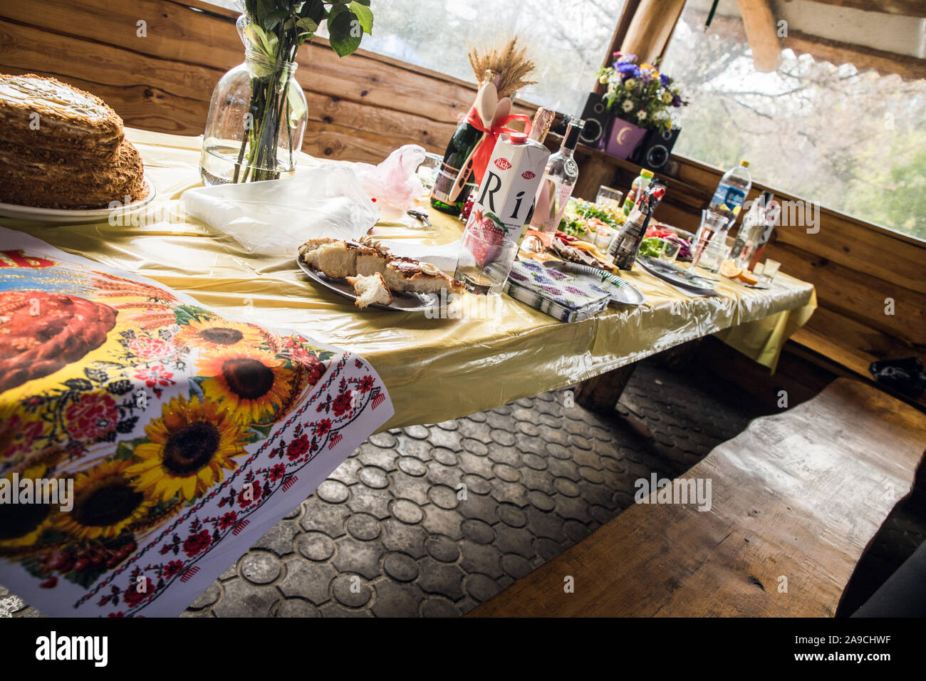 Table for social gatherings and celebrations of the villagers. India ...