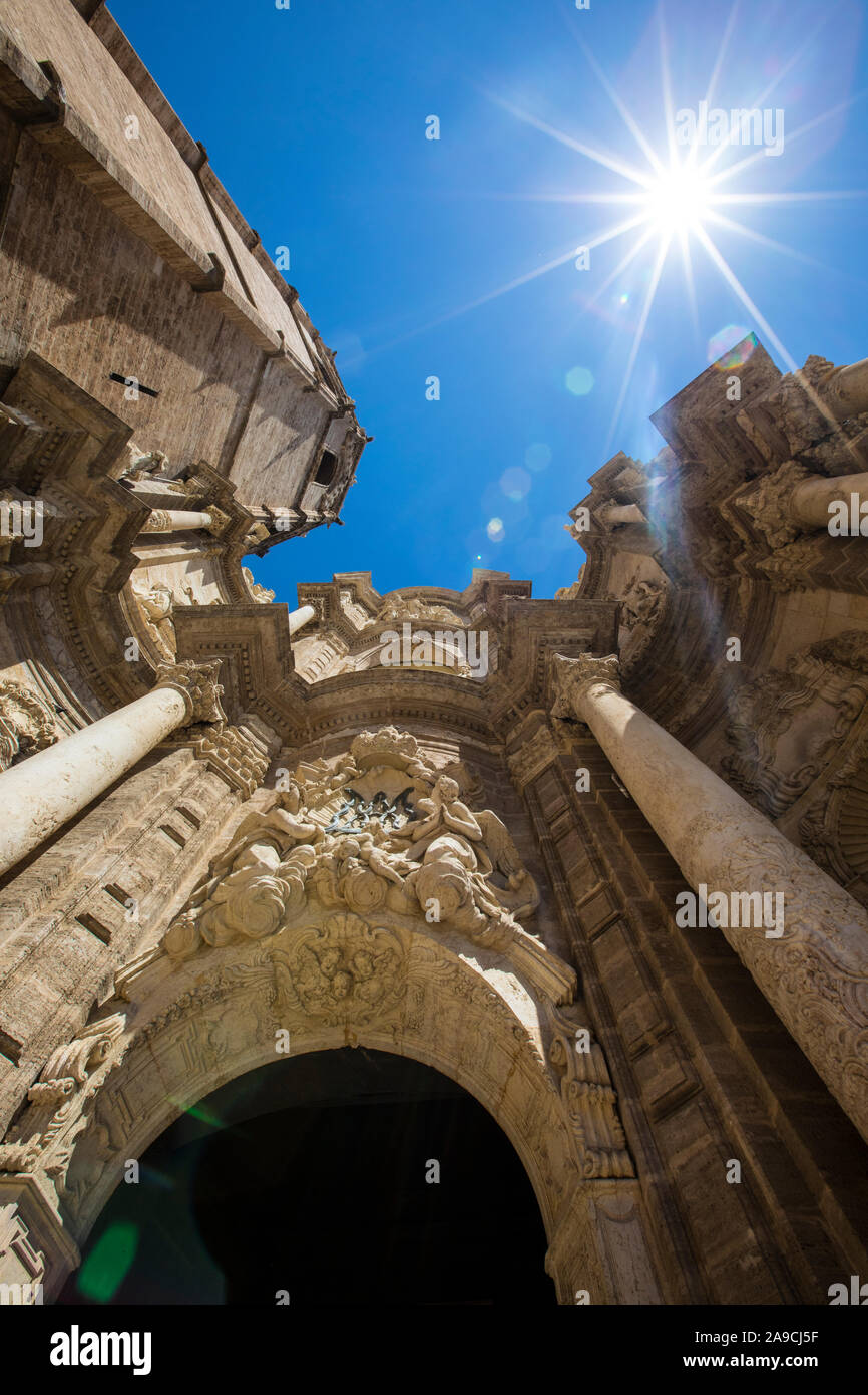 View of the magnificent facade of Valencia Cathedral, also known as the ...