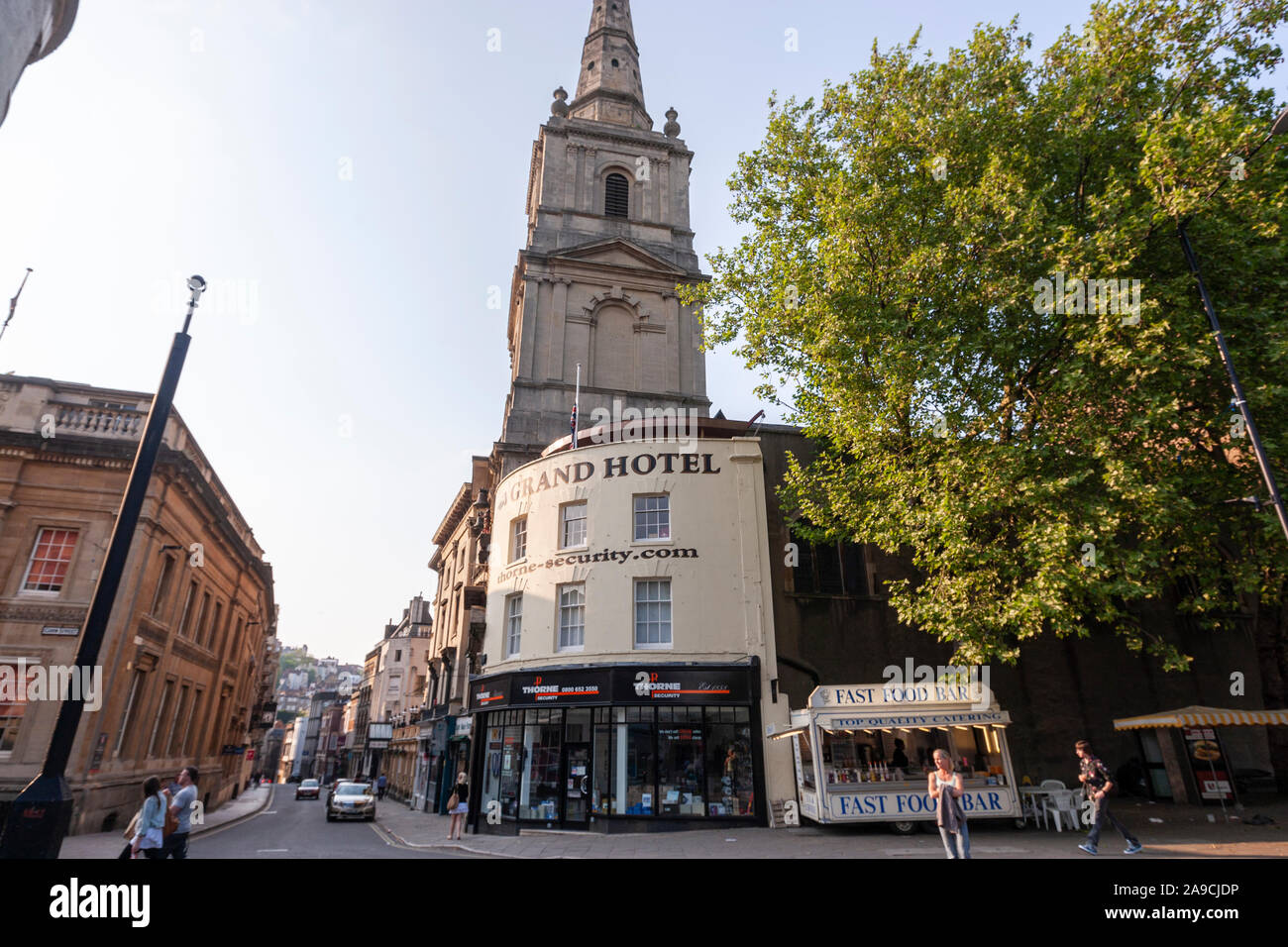 Christ Church with St Ewen and Gran Hotel sign in a rounded facade ...