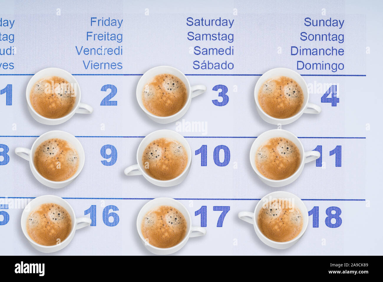 Coffee Cups Placed On Each Date In Calendar Stock Photo - Alamy