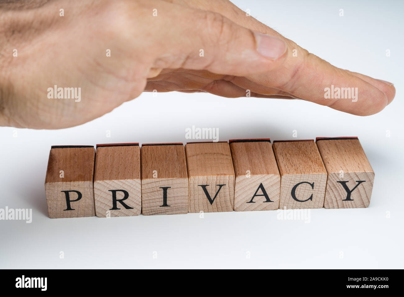 Close-up Of A Man's Hand Protecting The Privacy Word Wooden Blocks ...