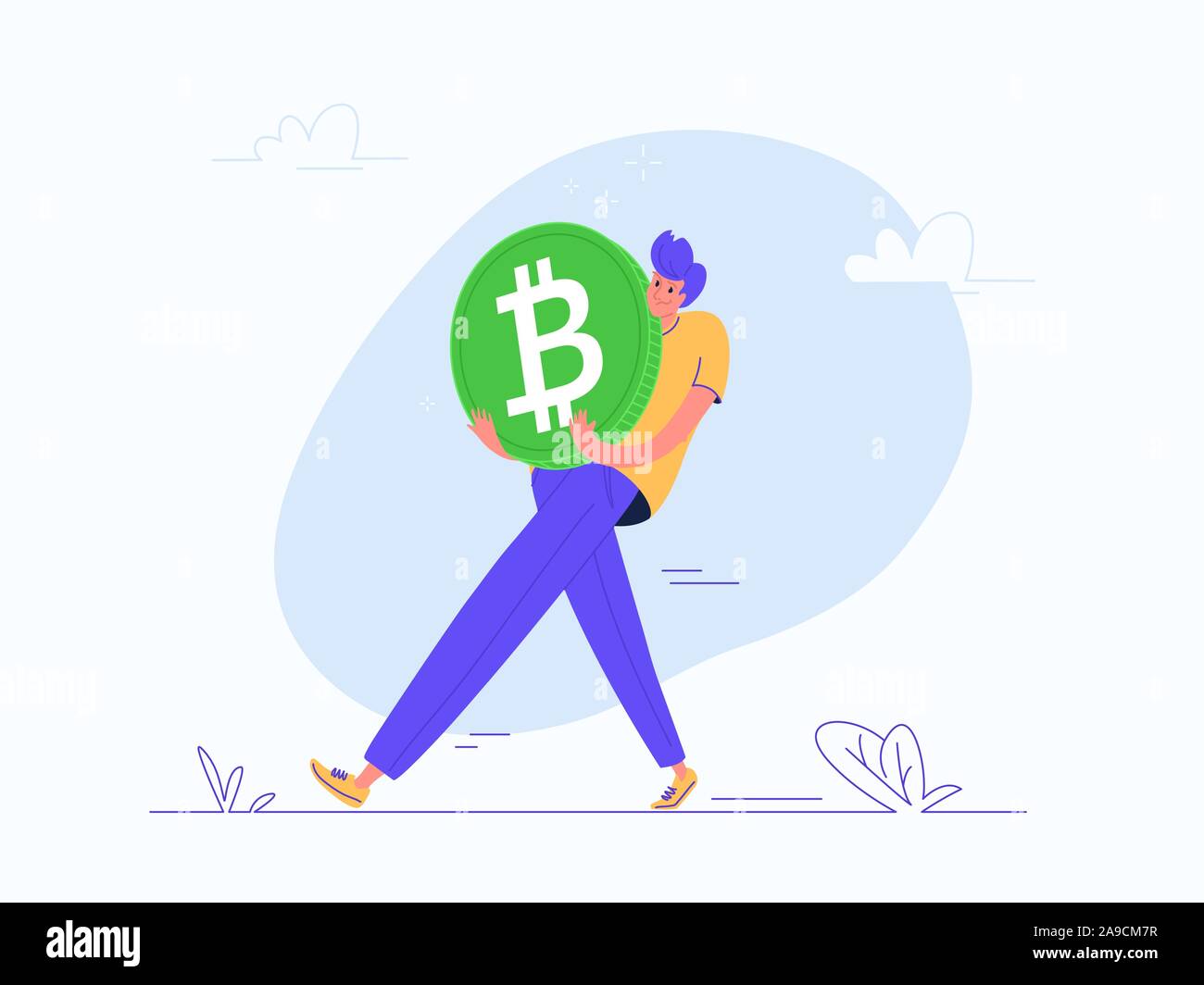 Young man carrying heavy golden symbol of bitcoin. Flat modern concept ...