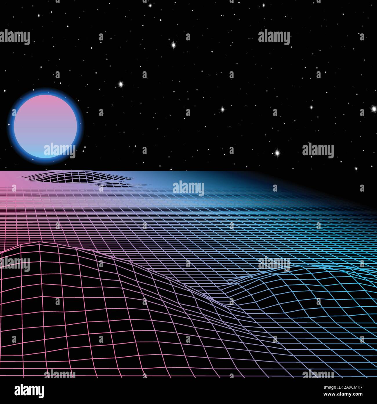Landscape with wireframe grid of 80s styled retro computer game or ...