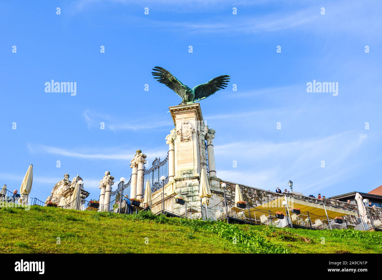 Budapest, Hungary - Nov 6, 2019: Statue of the Turul bird on the Royal ...