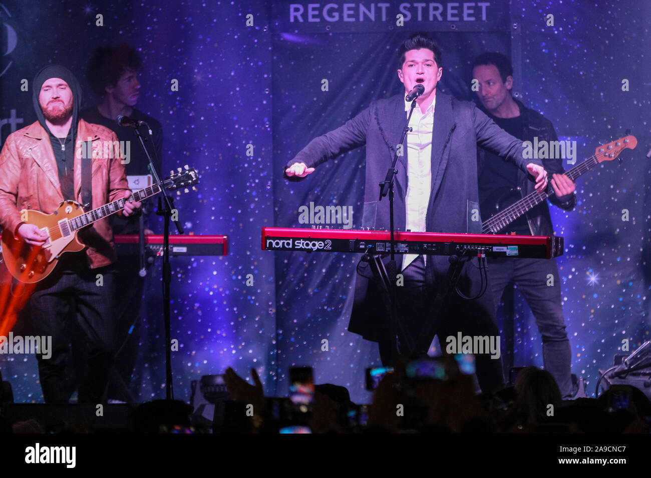 Regent Street, London, UK. 14th Nov, 2019. The band 'The Script' play ...
