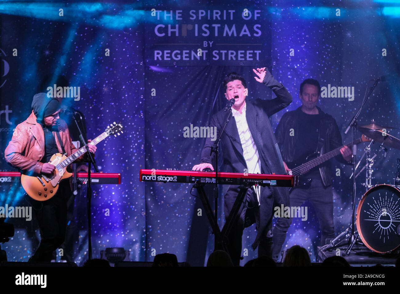 Regent Street, London, UK. 14th Nov, 2019. The band 'The Script' play ...