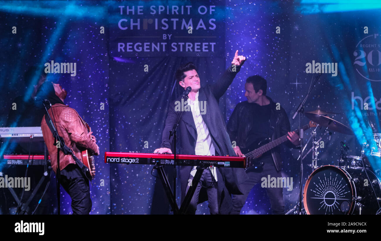 Regent Street, London, UK. 14th Nov, 2019. The band 'The Script' play ...