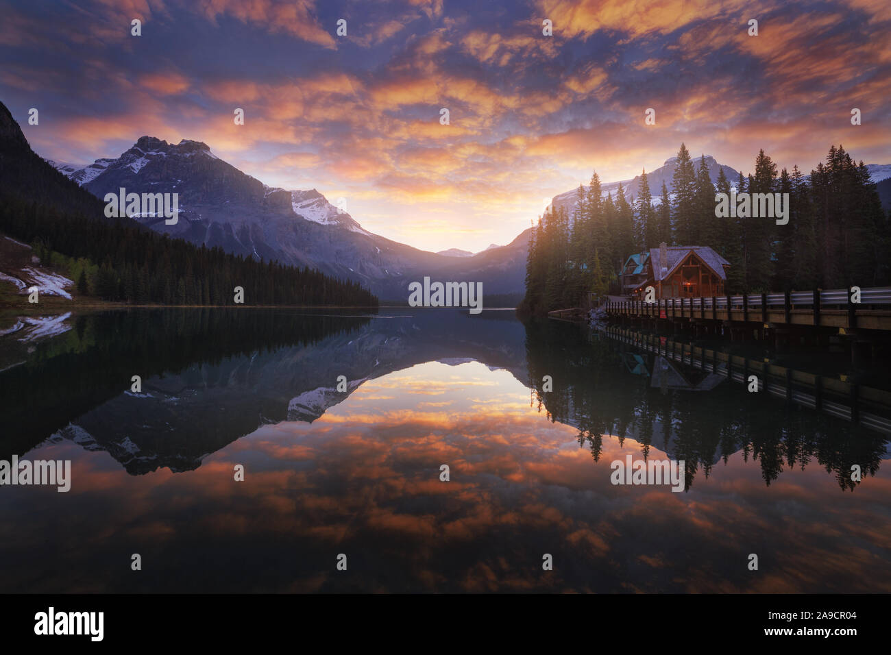 Sunrise at Emerald Lake, a jewel in the Rockies. Mirror reflection ...