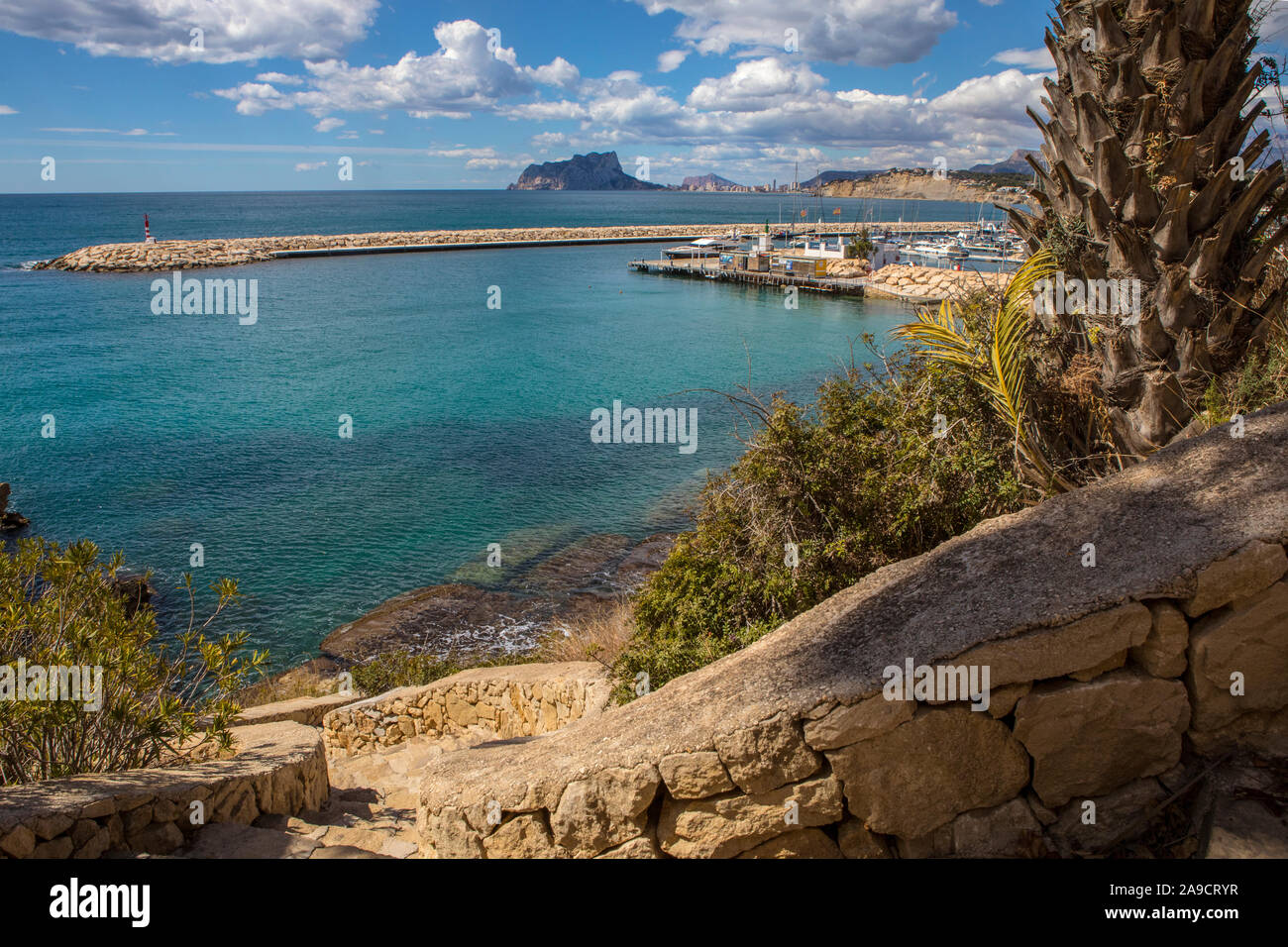A view over the harbour in the coastal town of Moraira in Spain. Calpe ...