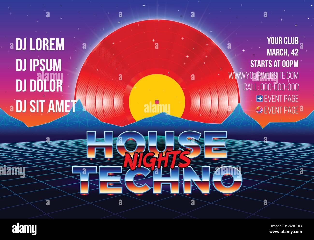 80s party poster with arcade styled background and red vinyl lp for ...