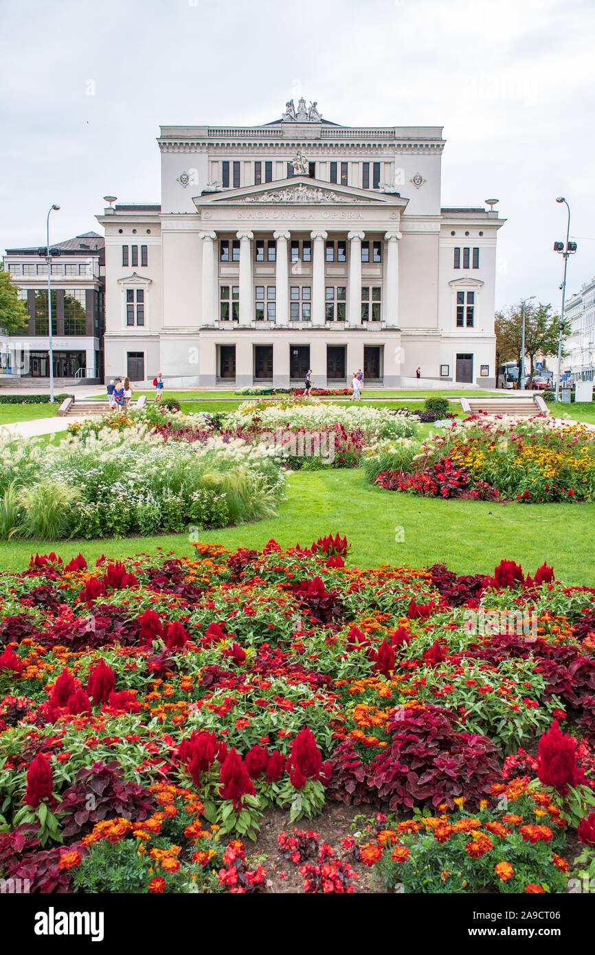 Latvian National Opera, Riga, Latvia, with park, flower and fountain ...