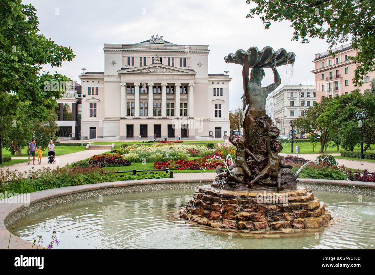 Latvian National Opera, Riga, Latvia, with park, flower and fountain ...